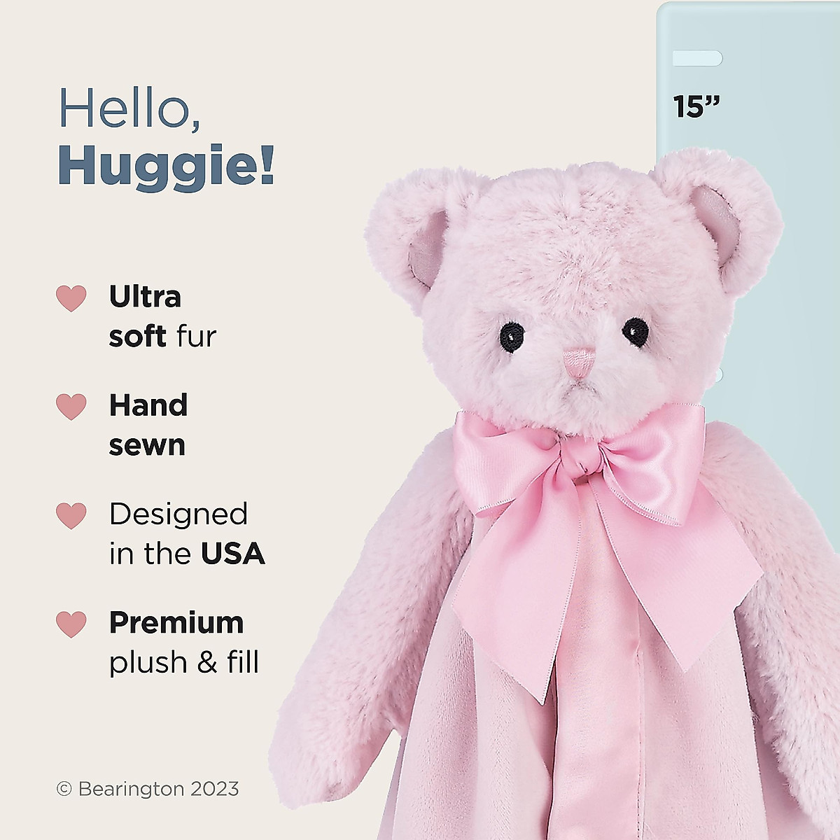 Bearington Baby Huggie Bear Snuggler, 15 Inch Pink Teddy Plush Stuffed Animal Security Blanket Lovey for Babies