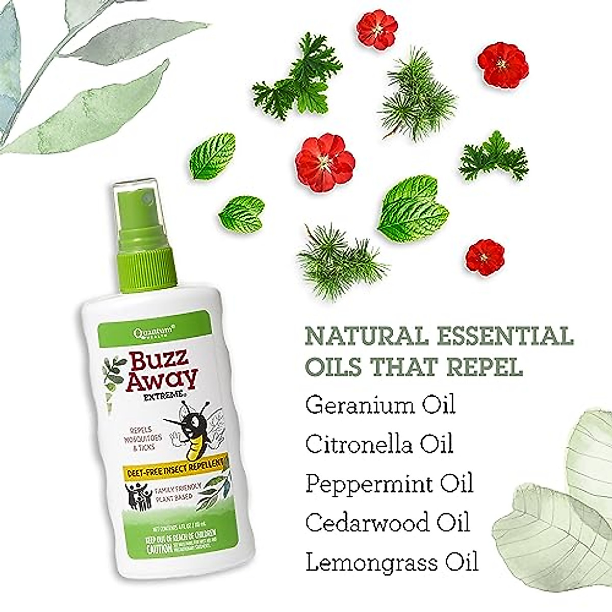 Quantum Health Buzz Away Extreme Insect Repellent DEET Free Cedarwood Lemongrass & Citronella Oil Outdoor Mosquito & Tick Bug Spray Powerful Plants Repel Bugs Off Your Skin, Safe for Kids - 4 Ounce
