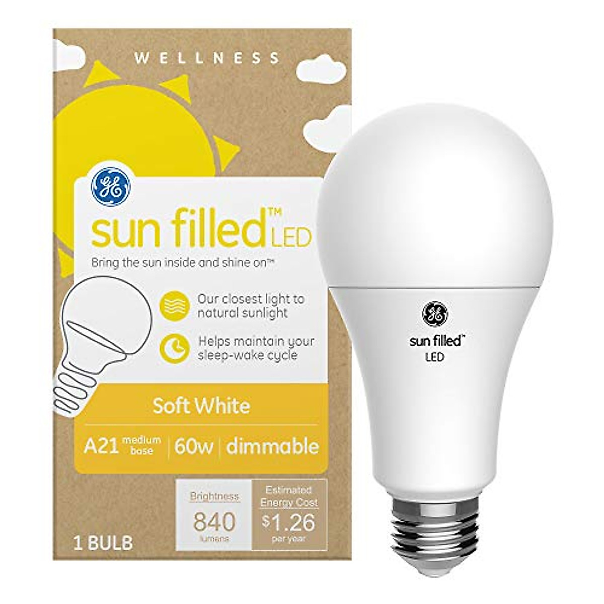 GE Sun Filled LED Light Bulb, 60 Watt, Soft White, A21 (1 Pack)