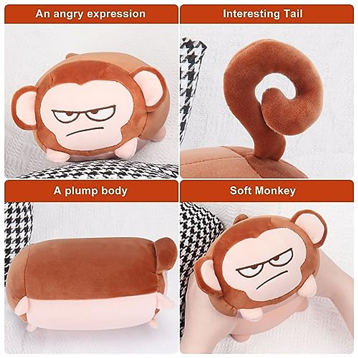 Achwishap Monkey Stuffed Animals,Monkey Plush Toy Hugging Pillow,Squishy Monkey Plush Pillow,Soft Fluffy Monkey Throw Plushie Doll,Unique Plushies Monkey for Kids Adults Bedtime Gifts(9.05”Brown)