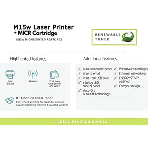 RT M15w Laser Pro Monochrome Check Printer Bundle with 1 Modified 48A CF248A MICR Toner Cartridge for Printing Business and Personal Checks (2 Items)
