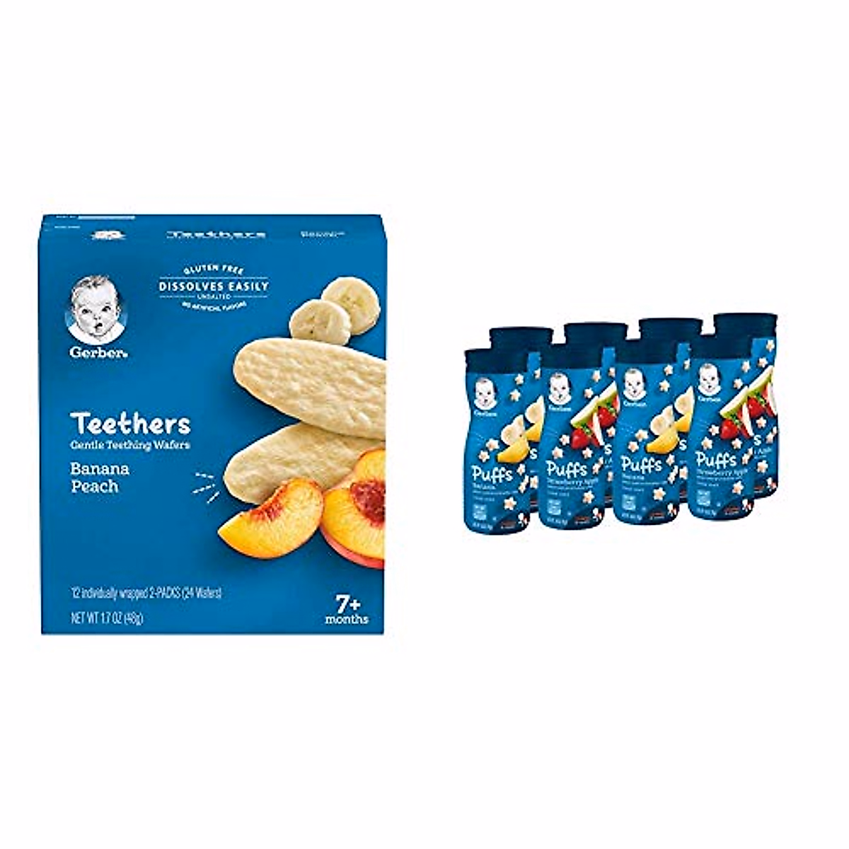Gerber Teethers Gentle Teething Wafers - Banana Peach, 6 Count & Puffs Cereal Snack, Banana & Strawberry Apple, 8 Count