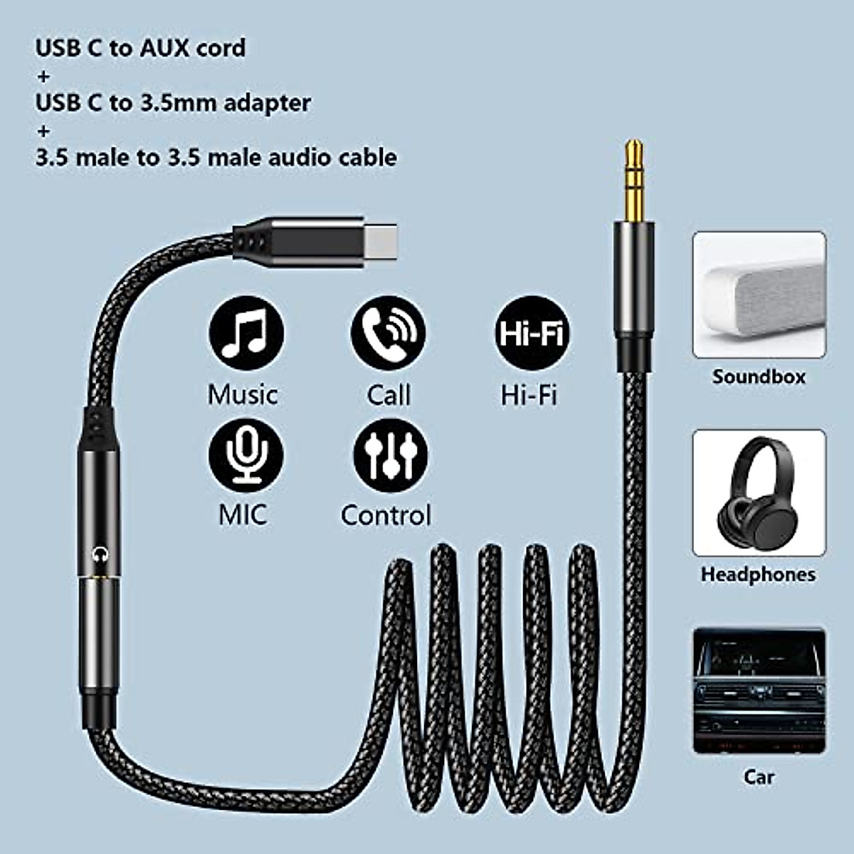 YAODEMA USB Type-C to 3.5 Headphone Audio Conversion Cable and 3.5mm AUX Audio Cable (3 Pieces)