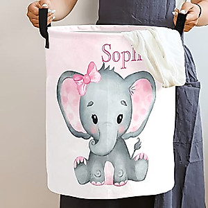 Cute Elephant Gradient Large Laundry Basket Custom Name Foldable Clothes Bag Collapsible Fabric Laundry Hamper Folding Washing Bin for Gift