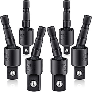 Honoson Power Drill Sockets Adapter Set Impact Driver Wobble Socket Adapter 360 Degree Rotatable Hex Shank Impact Driver Socket Adapter Drill Bits Adapter 1/4 Inch 3/8 Inch 1/2 Inch, Black (6)