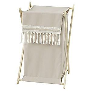 Sweet Jojo Designs Boho Bohemian Baby Kid Clothes Laundry Hamper - Solid Taupe Beige Ivory Cream Off White Linen Farmhouse Shabby Chic Designer Modern Minimalist Tassel Macrame Cotton Neutral Unisex