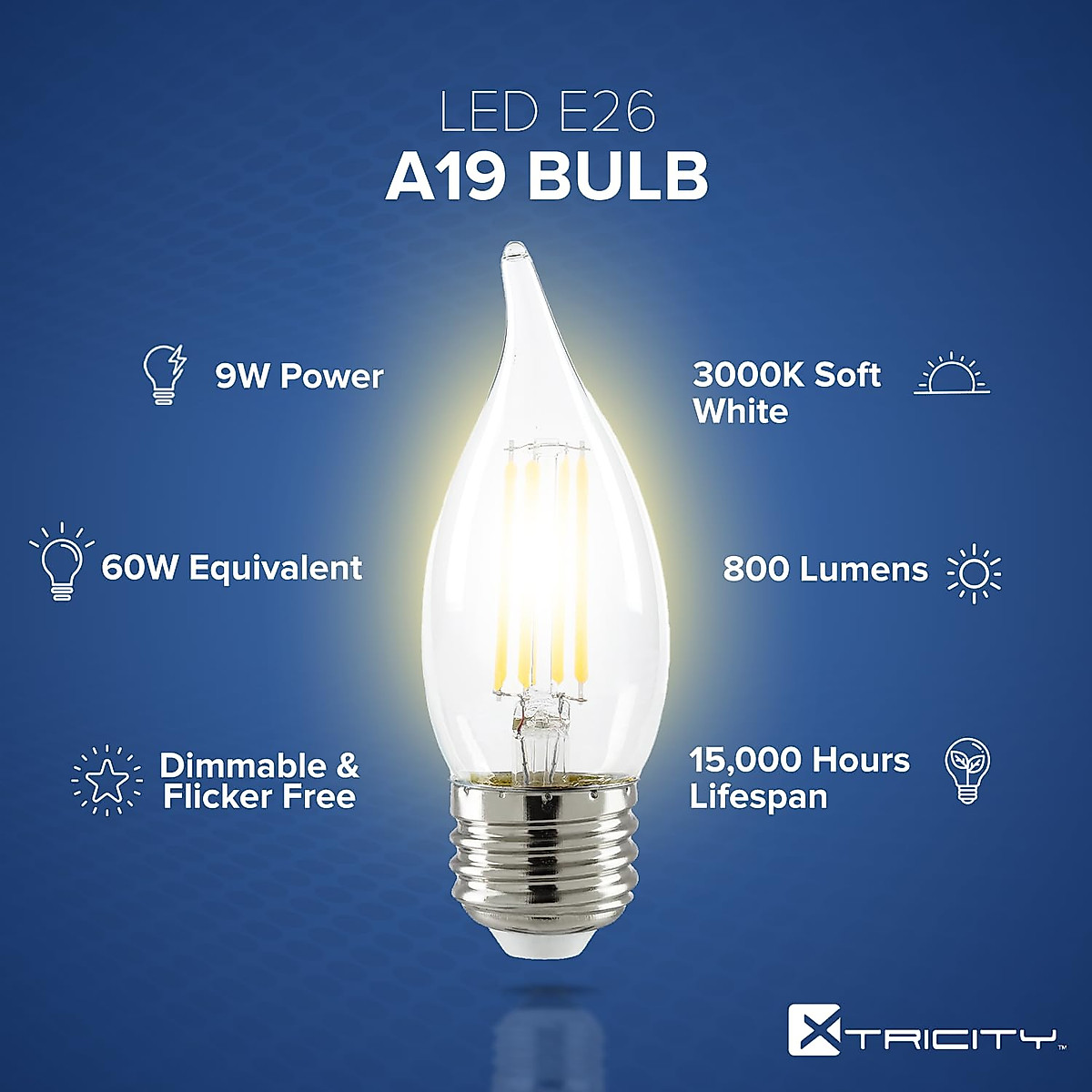 Xtricity LED 5.5W Flame Tip Clear Filament Chandelier Bulbs, 60W Equivalent Chandler Light Bulbs, 500 Lumens, 3000K Soft White, Dimmable, 120V, E26 Medium Base, Energy Star, Clear (6 Pack)