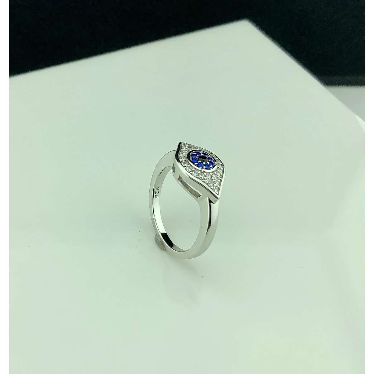 SILVERCLOSEOUT Rhodium Plated Sterling Silver Womens Blue Cz Evil Eye Ring - Size 7