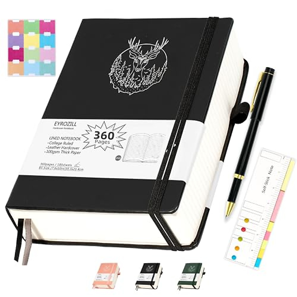 EYROZILL B5 Lined Journaling Notebooks 360 Pages, Thick Hardcover Leather Journals, Travel Notebooks for Women Men (7.6" X 10" Black Deer)