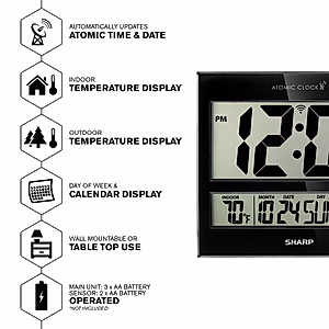 Sharp Atomic Clock - Never Needs Setting! - Jumbo 3" Easy to Read Numbers - Indoor/Outdoor Temperature Display with Wireless Outdoor Sensor - Gloss Black
