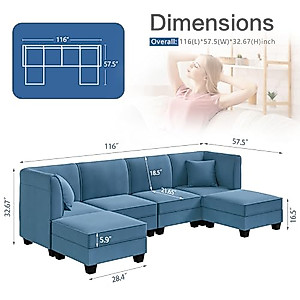 JAMFLY 116'' Modular Sectional Sofa with Reversible Chaise, U-Shape Convertible Sectional Sofa Couch with 6 Seats, Velvet Modern Sleeper Modular Couch with Ottomans for Living Room