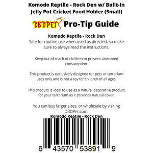 Komodo Reptile - Rock Den w/Built-in Jelly Pot Cricket Food Holder - Includes Attached DBDPet Pro-Tip Guide (Small)