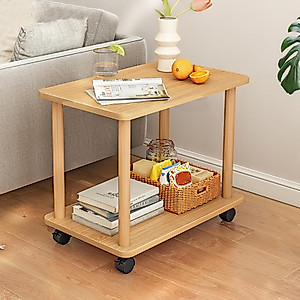 Altsuceser Small Table, 2 Tier Open Shelf End Table with Wheel, Kitchen Storage Cart, Wood Rolling Sofa Side Table for Living Room Bedroom Small Spaces Wooden Color