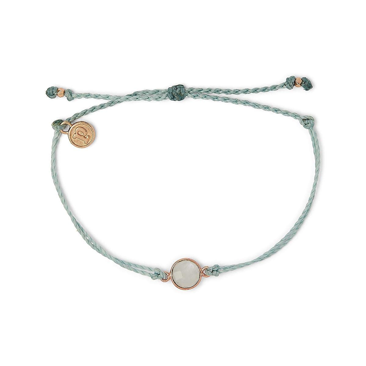 Pura Vida Rose Gold Round Moonstone Bracelet w/Plated Charm - Adjustable Band, 100% Waterproof - Smoke Blue