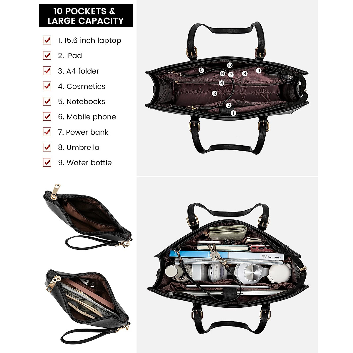 LOVEVOOK Laptop Tote Bag for Women, Large Briefcase for 15.6 Inch Computer Waterproof PU Leather Shoulder Bag with USB Charging Port, Business Office Work Shoulder Handbag Purse 2Pcs Set, Black