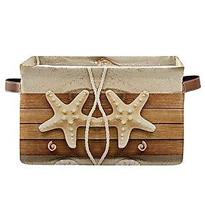 Storage Basket Wooden Beach Seashell Starfish Rectangle Foldable with Leather Handle Nursery Storage Bins Boxes Cube Organizer for Children Toys Books Clothes Home Bedroom