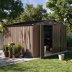 Outdoor Storage Shed, Amopatio Heavy Duty Galvanized Metal Garden Shed Backyard Storage Shed Outside Tool Storage Shed House (10' x 10', Brown)