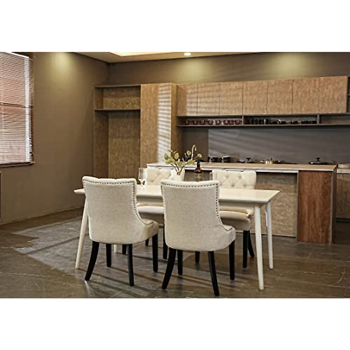 asunflower Tufted Fabric Kitchen Dining Chairs for Dining Room Modern Upholstered Dining Chairs Set of 4 with Wooden Legs, Cream