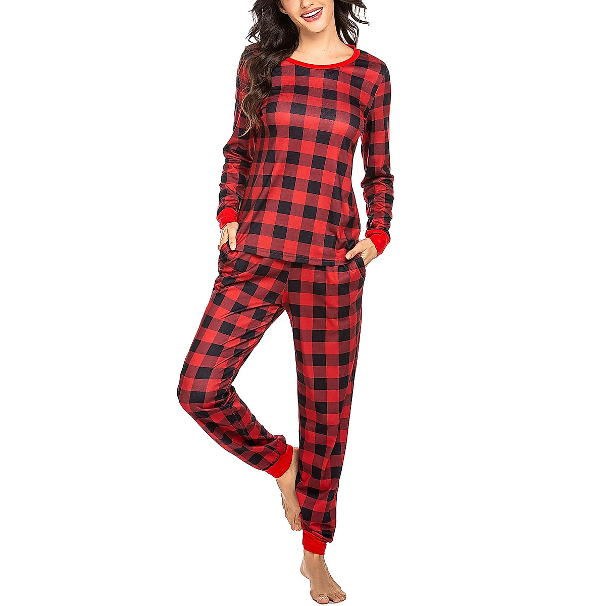 Ekouaer Womens Pajamas Sets Long Sleeve Tops with Jogger Pants Soft Pjs Lounge Set Outfits with Pockets Red Big Plaid S