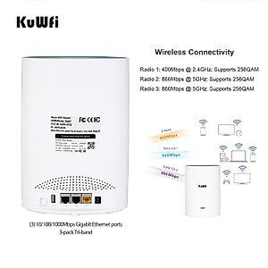 KuWFi 3-Pack Tri-Band Whole Home Mesh WiFi System with AC2200 Speed Gigabit Mesh WiFi 5 Router & Extender Replacement Covers up to 6500 sq.ft Tri-Band WiFi Mesh +2 Node