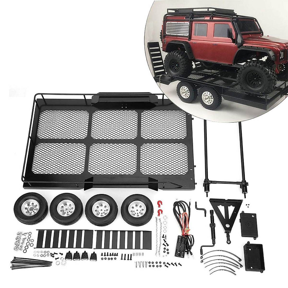 Hitoxi RC Car Trailer, Metal Trailer Cargo Carrier with Four Tires for 4WD TRX4 1/10 Car, Heavy Duty Truck Crawler Buggy Truggy Trail Toy Accessory, Black