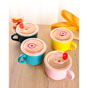 WHJY Simple Ceramic Soup Mugs with Lid, 22 oz Soup Cups with Handle, Microwave Oatmeal Bowl Coffee Mug with Lid and Handle for Milk, Tea, Fruit, Ice Cream Cereal Coffee - Pink