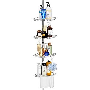 AIYAKA Tension Corner Shower Pole Caddy, with 2 Hooks, Bathroom Storage Organizer, 65 to 106 inch Adjustable Height, 3-stage adjustment height, Silver