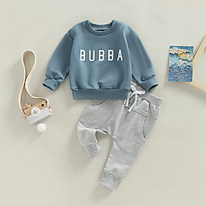 Sduydiosy Toddler Baby Boy Fall Clothes Long Sleeve Round Neck Letters Print Sweatshirt Top with Pants Cute Newborn Outfits (Letters Blue, 18-24 Months)