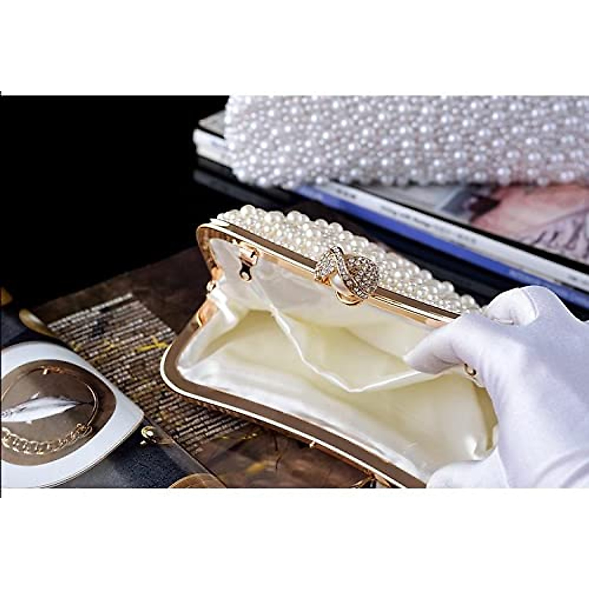 ASPHODELCHIC Women Pearl Evening Bag Bride Beaded Clutch Purse Cream White for Wedding Party (Ivory white) Small