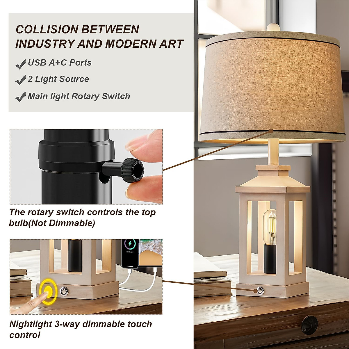 G-SAFAVA 23.75" Retro Farmhouse USB C+A Ports Table Lamp Set of 2 with 3 Way Dimmable Touch Control White Nightlight Vintage Modern Lamp for Living Room Bedroom with 2 Light Sources