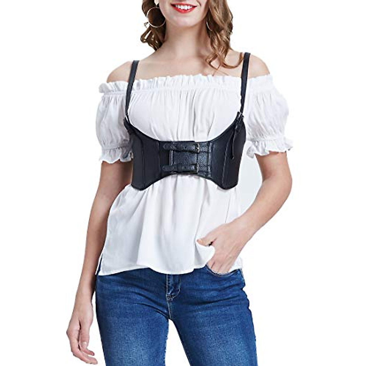 KANCY KOLE Womens Faux Leather Steampunk Sexy Underbust Waist Belt Corset(M,Black)