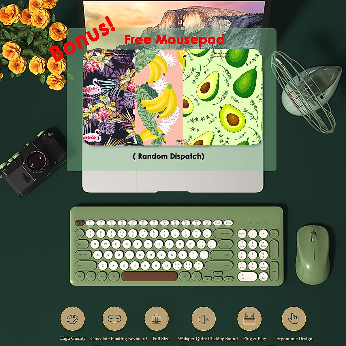 Wireless Keyboard and Mouse Combo, Superbcco 2.4GHz USB Cordless Computer Keyboard with Numeric Keypad, Quiet Click, Round Keys, Slim for Desktop/PC/Laptop/Surface/Windows OS (Chocolate Green)