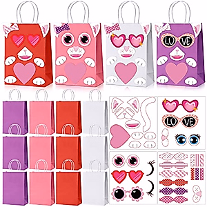 12 Pcs Valentine Treat Bags for Kids, Cat DIY Valentine Candy Treat Bags Kraft Paper Gift Bags Valentine Goodie Bags with 18 Accessories for Snack Party Favor and Students Classroom Gift Exchange