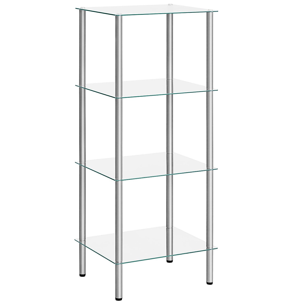 HOOBRO Glass Shelf, 4 Tier Standing Shelf Unit, Durable Glass Shelving Stand for Small Space, Space-Saving, for Bathroom, Bedroom, Home Office, Tempered Glass, Steel Frame, Silver SV04CJ01