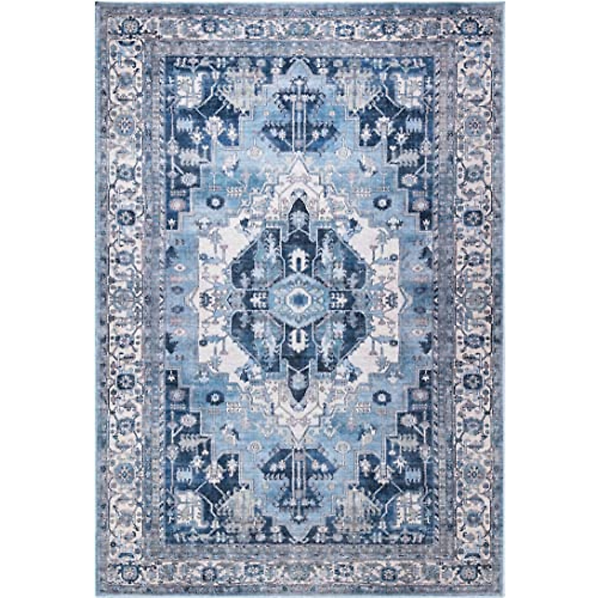 Abani Rectangular Area Rugs 6'x9', Blue Beige Polypropylene Large Rugs, Stain Resistant, Machine Washable and Non-Shedding Vintage Style Rugs
