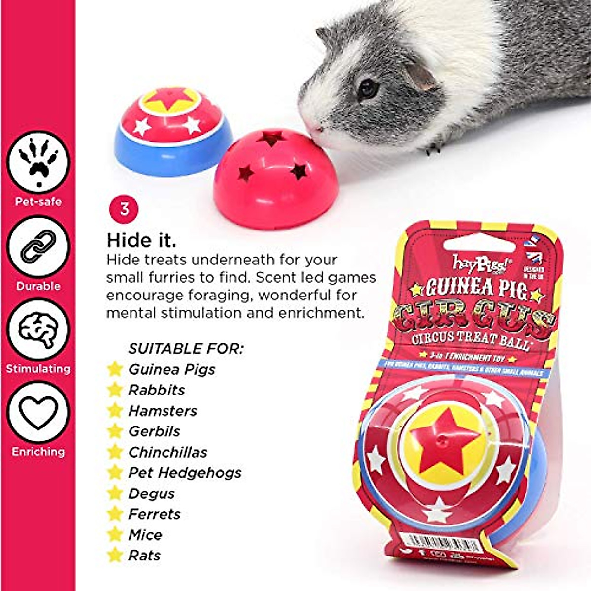 HAYPIGS 1x Circus Themed Guinea Pig Treat Ball - Guinea Pig Toys and Accessories - Rabbit Enrichment Toys Small Animal Toy - Small Pet Activity Ball - Pet Entertainment