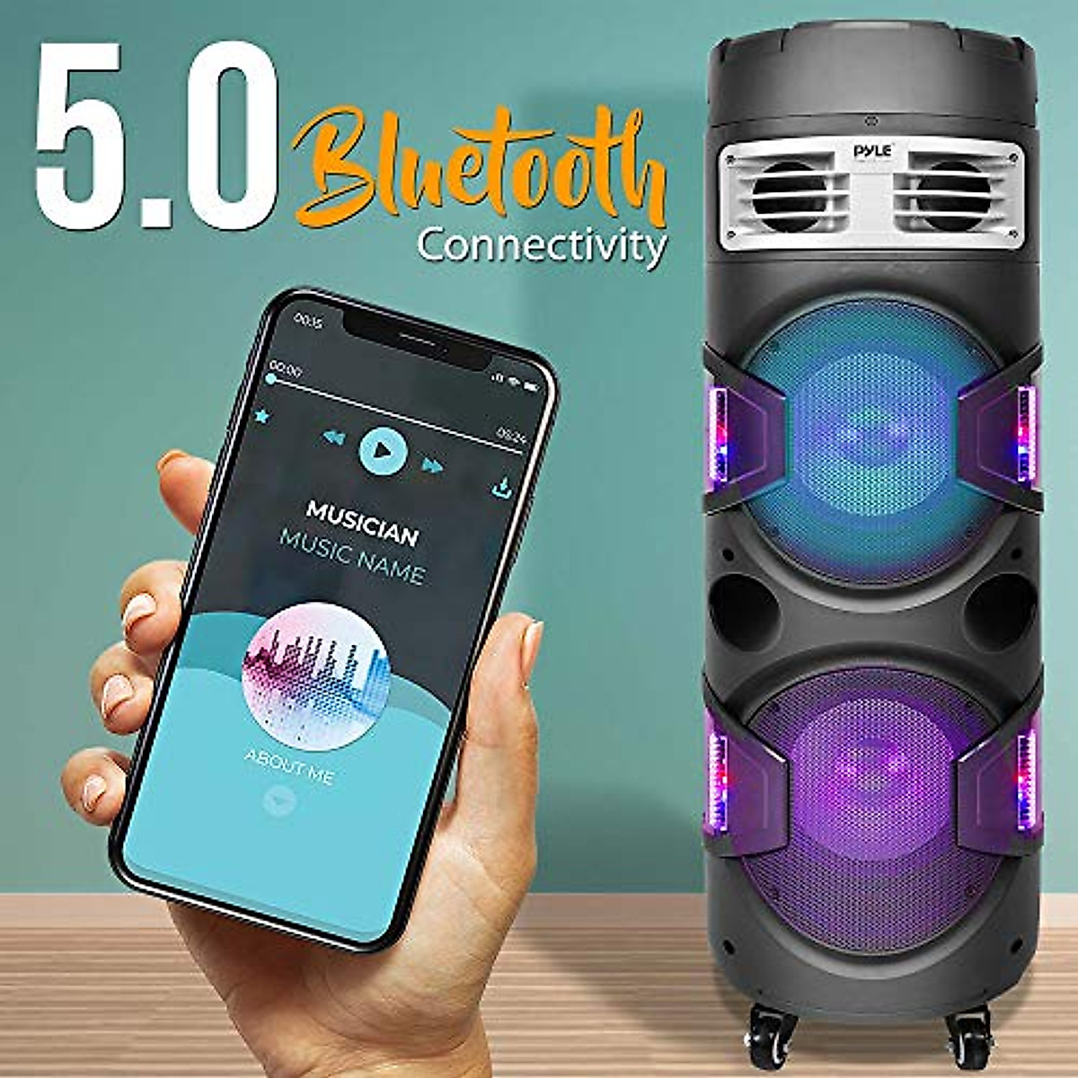 Pyle Portable Bluetooth PA Speaker System - 1200W Outdoor Bluetooth Speaker Portable PA System w/TWS Function, Microphone in, Flashing DJ Party Lights, USB Reader, FM Radio, Rolling Wheels