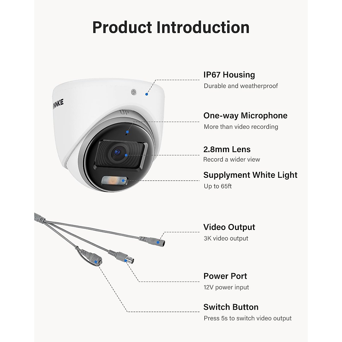 ANNKE 3K Add-On Security Camera with Full Color Night Vision, 4-in-1 TVI/AHD/CVI/CVBS CCTV Surveillance Turret Cam with Built-in Mic, 2.8mm Lens, IP67 Weatherproof, (Cable & Adapter Included)