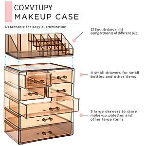COMVTUPY Clear Makeup Organizer with Brush Holder, Large Acrylic Cosmetic Display Jewelry & Make Up Organizers and Storage for Vanity, Bathroom (3 Large, 4 Small Drawers, Brown)