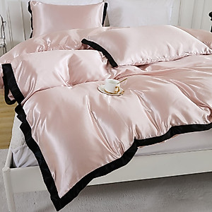 Satin Bedding Set Twin Pink Silky Duvet Cover Sets Luxury Silk Like Satin Comforter Cover Black Ruffle Bedding Sets 1 Duvet Cover 1 Pillow Sham (Twin, Pink)