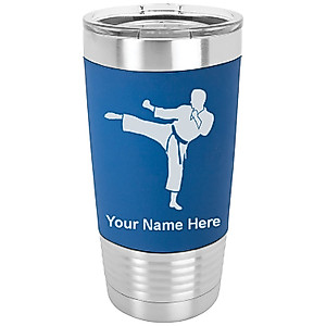 LaserGram 20oz Vacuum Insulated Tumbler Mug, Karate Man, Personalized Engraving Included (Silicone Grip, Dark Blue)