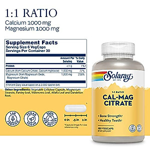 Solaray Calcium Magnesium Citrate 1:1 Ratio, Healthy Bones, Teeth, Muscle & Nervous System Support, 30 Serv, 180 VegCaps