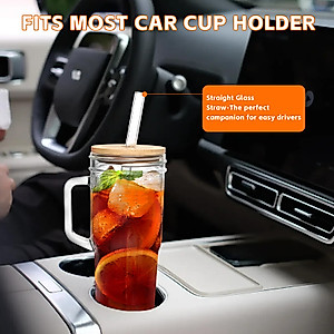 ONEHAUS Glass Cups with Lids and Straws 2 Packs - 24oz Glass Tumbler with Handle, Mason Jar with Lid and Straw -Wide Mouth Reusable Drinking Glasses, Smoothie Tumbler Iced Coffee Cup Travel Mug