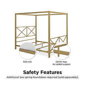 DHP Rosedale Metal Canopy Bed Frame with Four Poster Design and Geometric Accented Headboard and Footboard, Underbed Storage Space, Queen, Gold