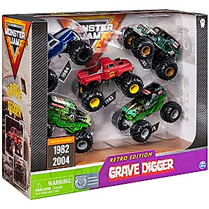 Monster Jam Grave Digger Monster Truck 5pc Value Pack: 1:64 Scale Retro Die-Cast Gift Set with Iconic Models (1982-2005) Chrome Rims and BKT Tires - Authentic Collectible for Fans & Birthday Parties