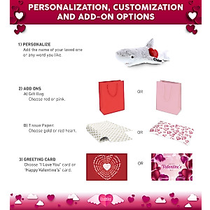 DolliBu I Love You Valentine Plush Big Eye Great White Shark - Cute Stuffed Animal with Red Heart and Name Personalization Gift for Valentines Day, Birthday, Anniversary, Romantic Date - 23 Inches