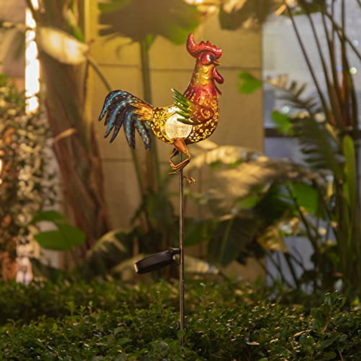 Tryme Solar Lights Outdoor Decorative Rooster Garden Decor Chicken Crackle Glass Globe Stake Lights Waterproof Warm White LED Yard Decor for Pathway Lawn Patio Courtyard Backyard