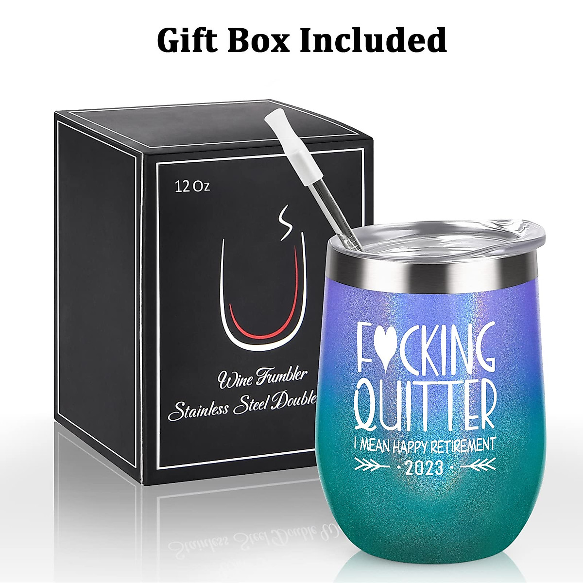 GINGPROUS 2023 Retirement gifts for Women, Quitter I Mean Happy Retirement 2023 Stainless Steel Insulated Wine Tumbler, Retirement Gifts for Women Coworkers Friends Office Grandma Mom(12Oz, Gradient)