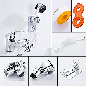 MANYHORSES Hand Shower Sink Hose Sprayer,Shampoo Sink Hose Sprayer Attachment,Faucet Extension Tubes, Chrome, Adjustable Mode,Copper Valve Adapter,No Drilling Support