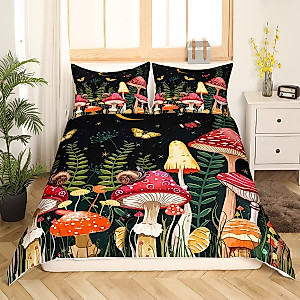 Feelyou Kids Mushroom Bedding Set Natural Wild Fungus Duvet Cover Set for Kids Girls Botanical Plants Comforter Cover Butterfly 1 Duvet Cover with 1 Pillowcase Full Size (No Comforter)